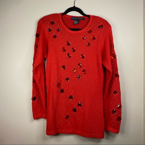 Vintage | Sweaters | Vintage Ib Diffusion Red Bejeweled Silk Sweater ...
